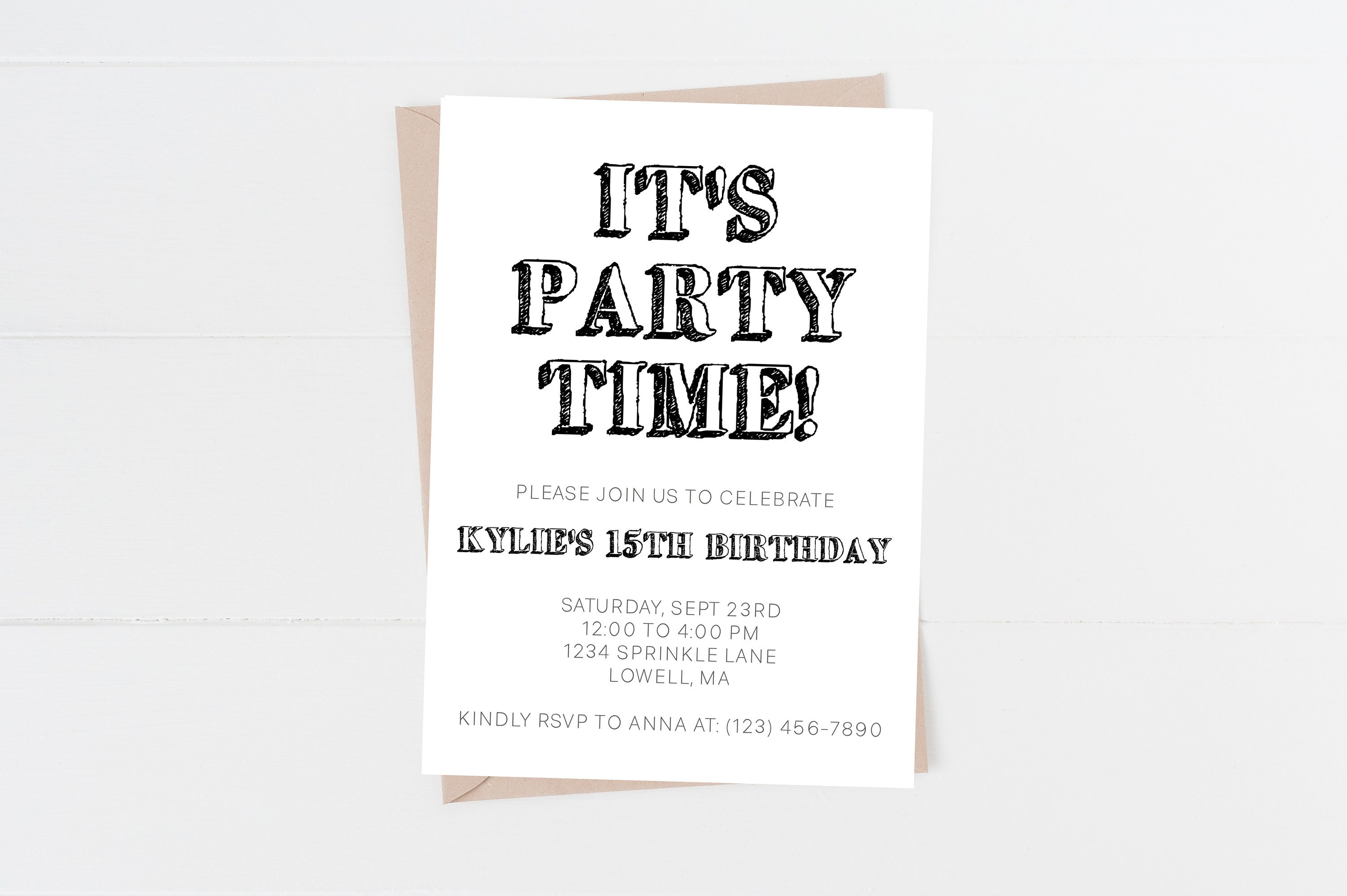 It's Party Time Birthday Invitation Template, Minimal Black and White ...