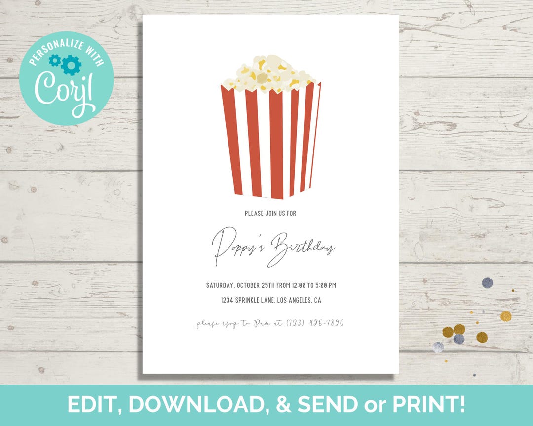 Popcorn Birthday Invitation Template, Movie Night Party Invite (digital ...