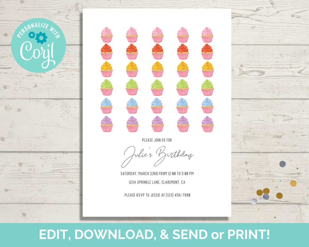 Cupcake Birthday Invitation Template, Editable Colorful Cupcakes ...