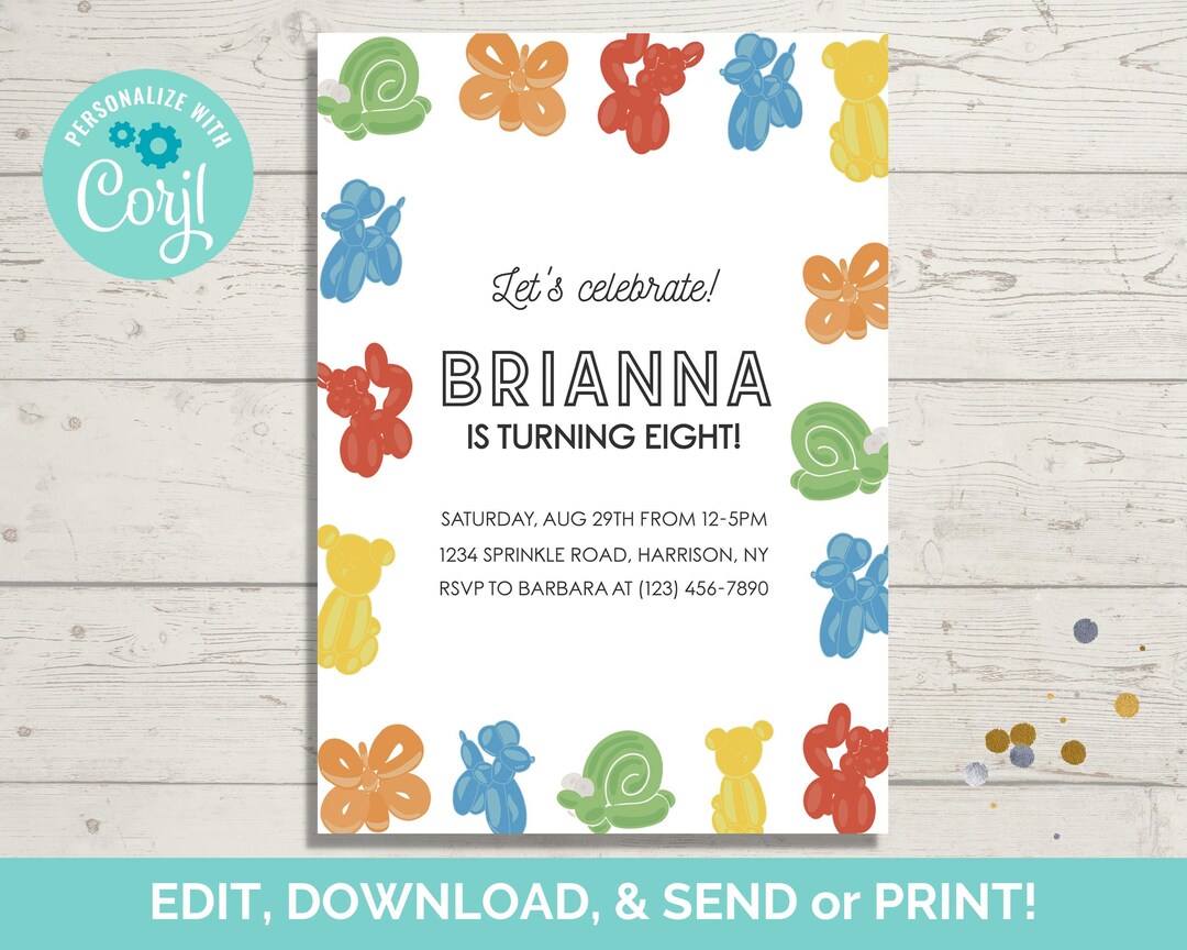 Balloon Animal Birthday Invitation Template, Editable Balloon Animals ...
