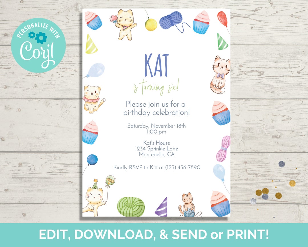 Cat Party Invitation Template, Cat Birthday Invite, Kitty Cat Invite ...