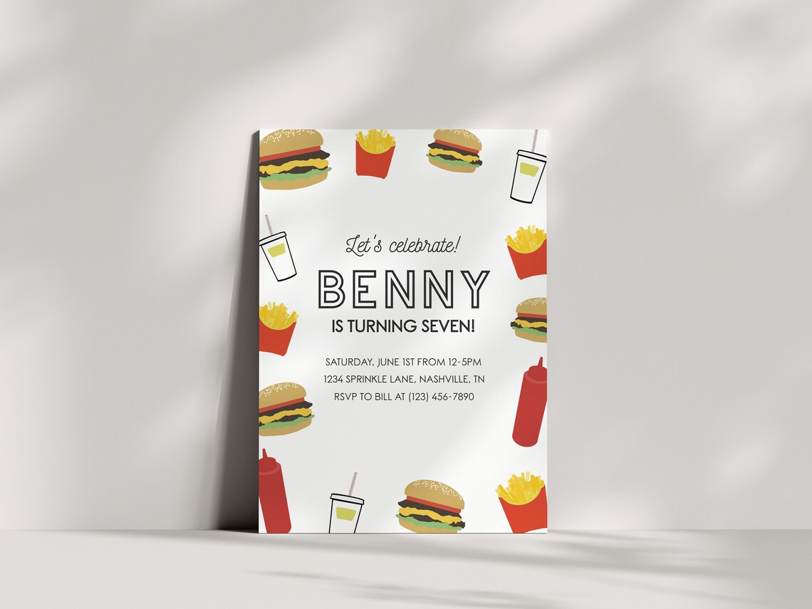 Burger & Fries Birthday Invitation Template, Editable (digital Download ...