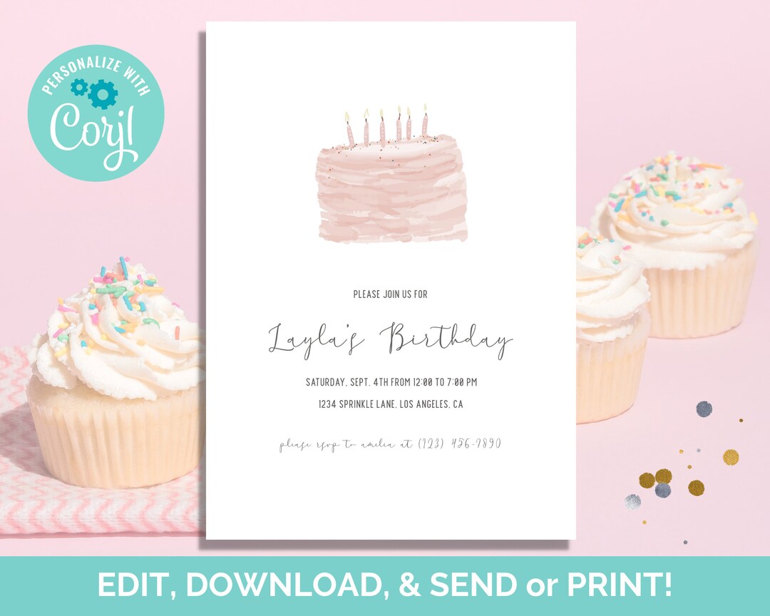 Birthday Cake Invitation, Pink Cake Birthday Invitation, Cake Invite ...
