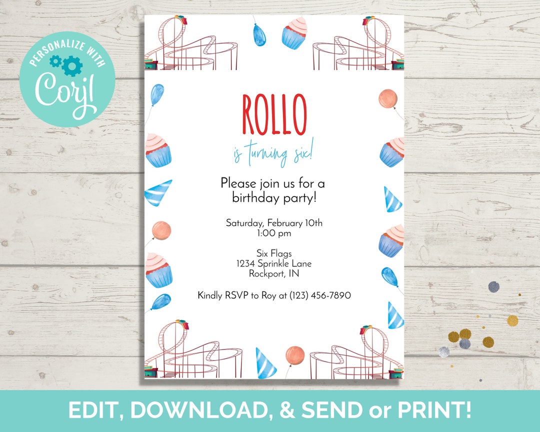Roller Coaster Birthday Invitation Template, Editable Theme Park Birthday Party Invite, Instant ...