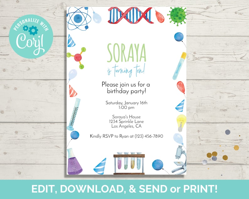 Science Experiment Birthday Invitation Template, Editable Birthday ...