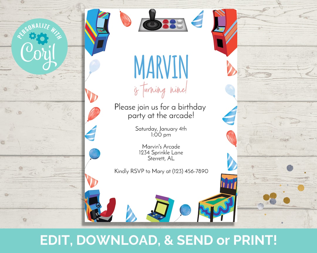 Arcade Birthday Invitation Template, Editable Party Invite (instant ...