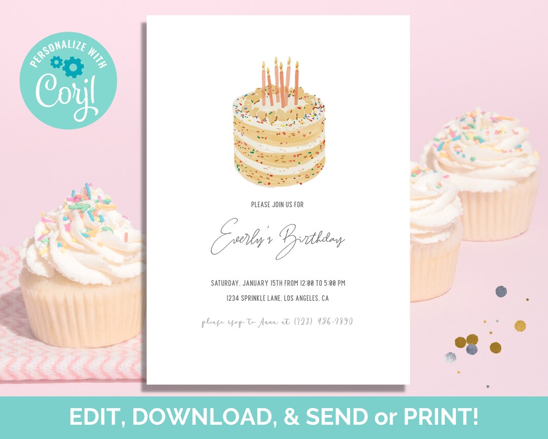 Birthday Cake Invitation Template, Birthday Invite, Editable Invitation ...