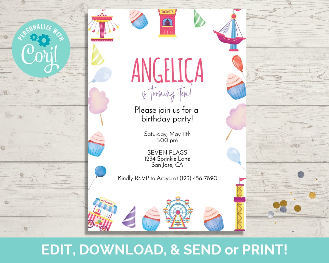 Amusement Park Birthday Invitation Template, Editable Theme Park Party ...