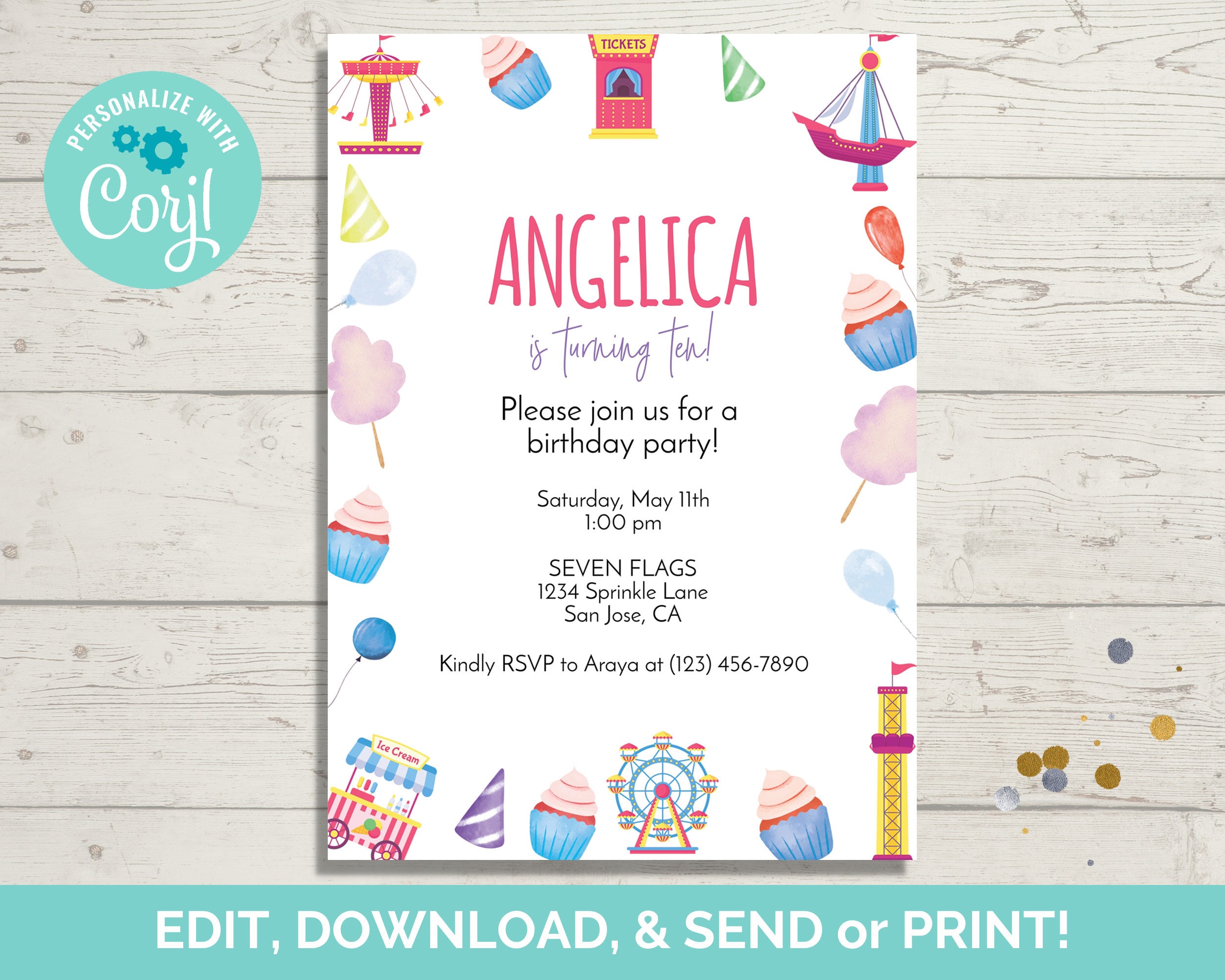 Amusement Park Birthday Invitation Template, Editable Theme Park Party ...