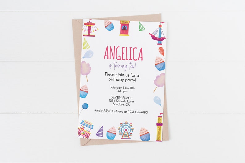 Amusement Park Birthday Invitation Template, Editable Theme Park Party ...