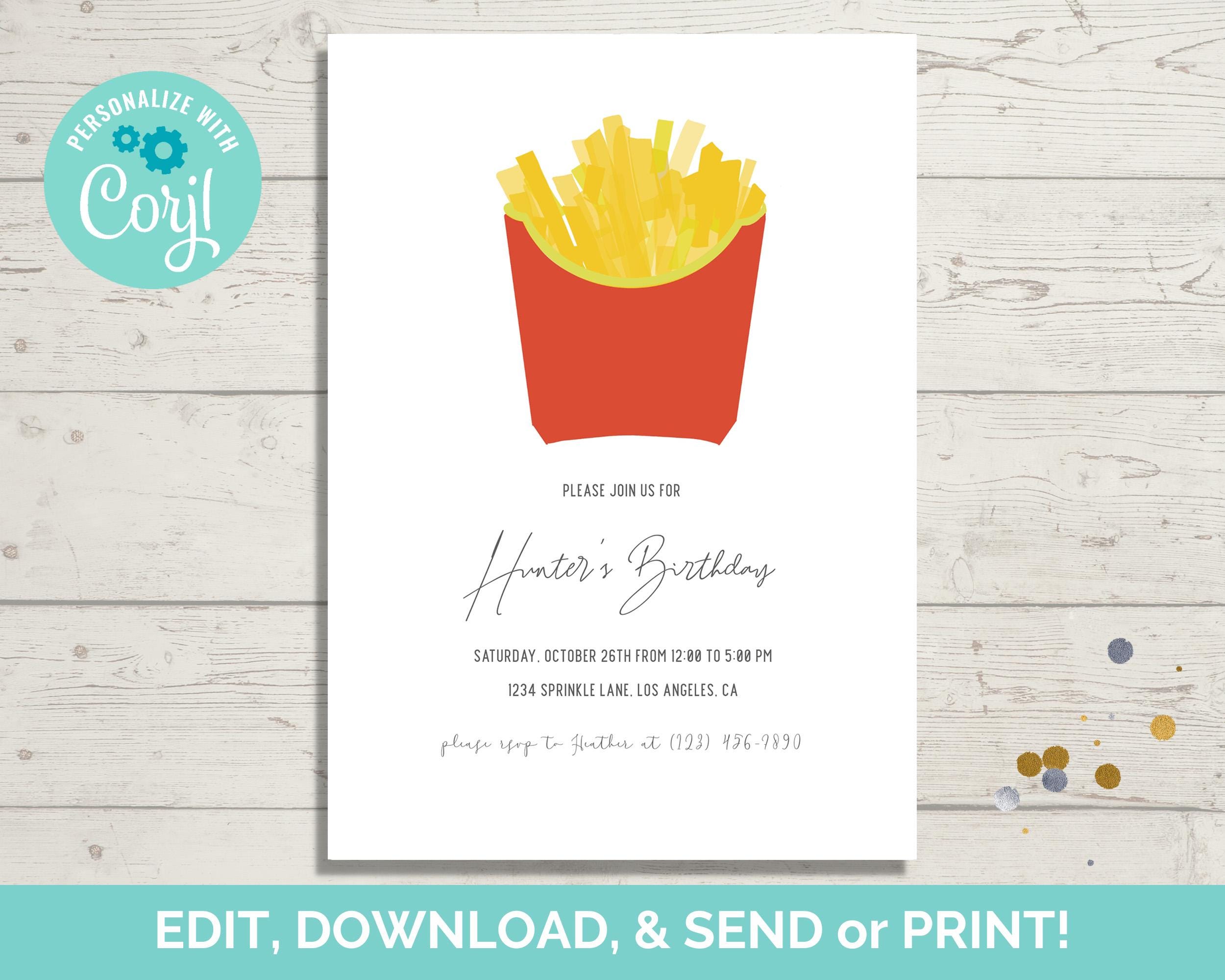 French Fries Birthday Invitation Template, Editable Birthday Invite ...