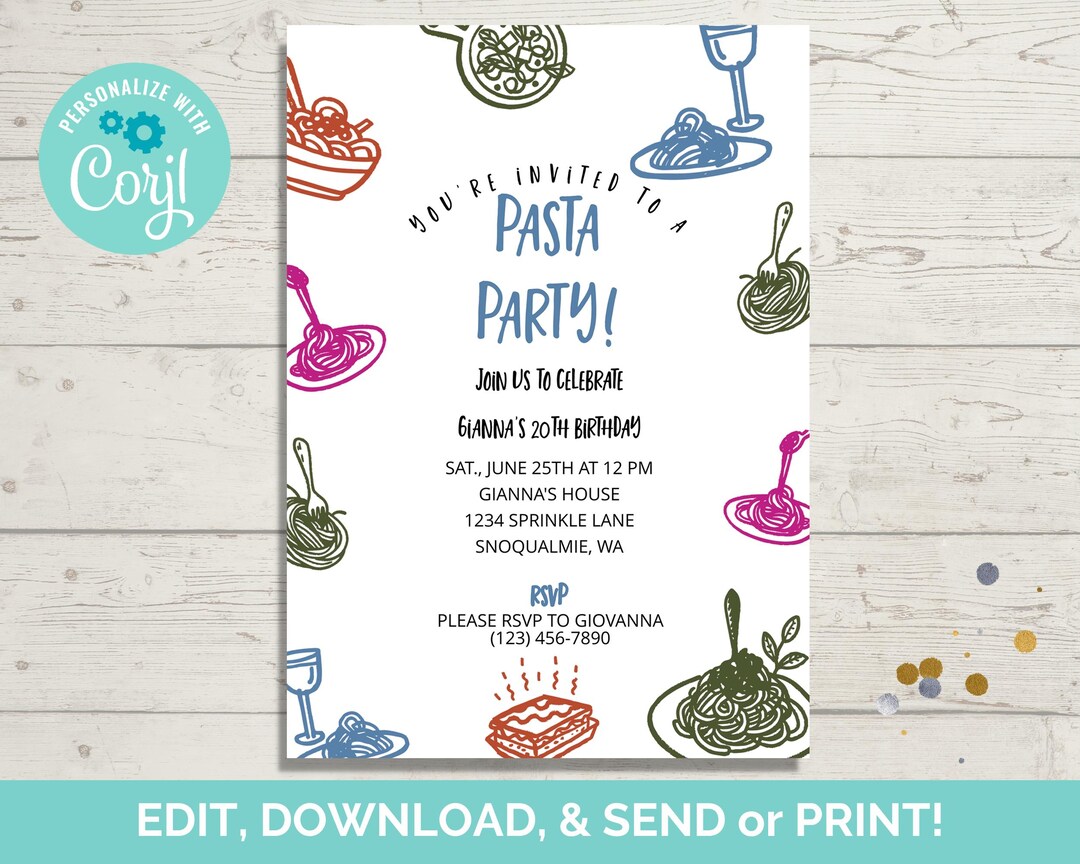 Editable Pasta Birthday Party Invitation Template (instant Download) - Etsy