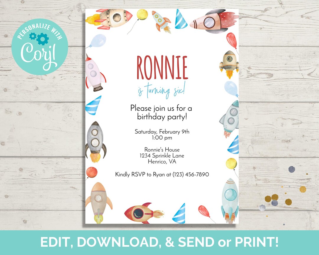 Rocket Birthday Invitation Template, Editable Rocket Birthday Party ...
