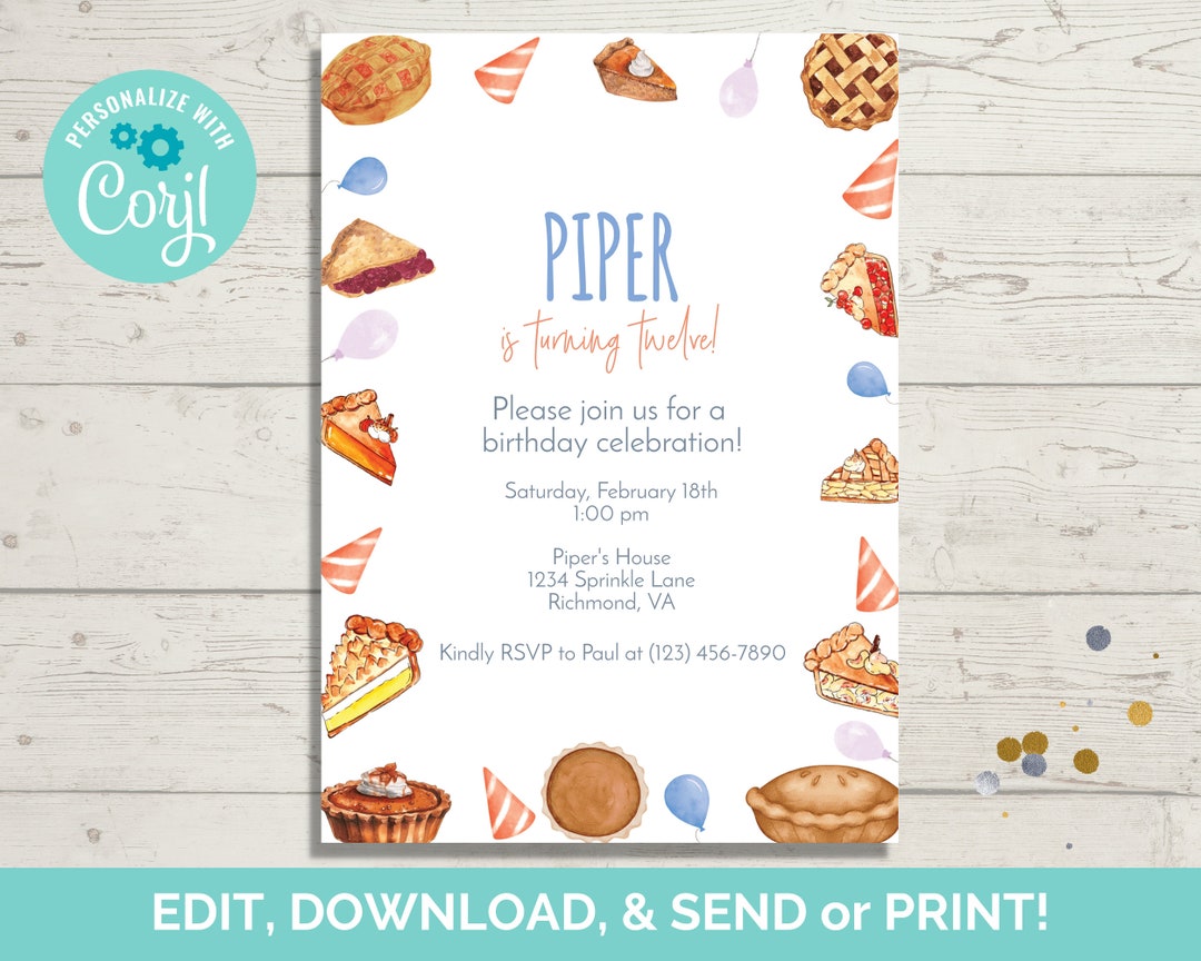 Pie Theme Birthday Invitation Template, Pie Birthday Invite, Pie Party ...