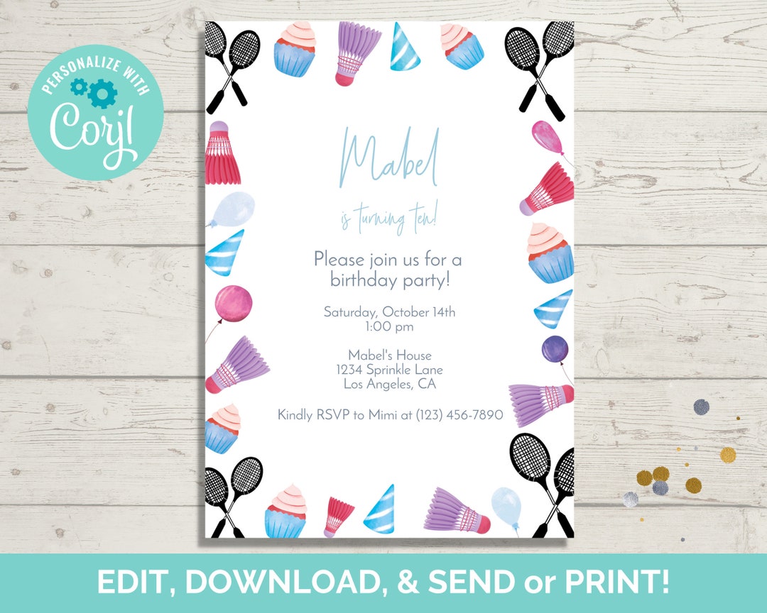 Badminton Invitation Template, Editable Badminton Theme Party Invite ...