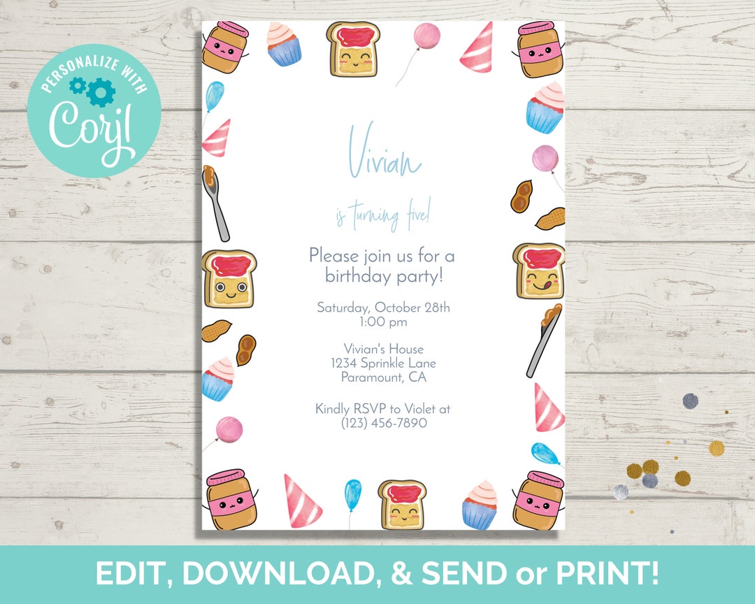 Peanut Butter Jelly Birthday Party Invitation Template, Editable Peanut ...