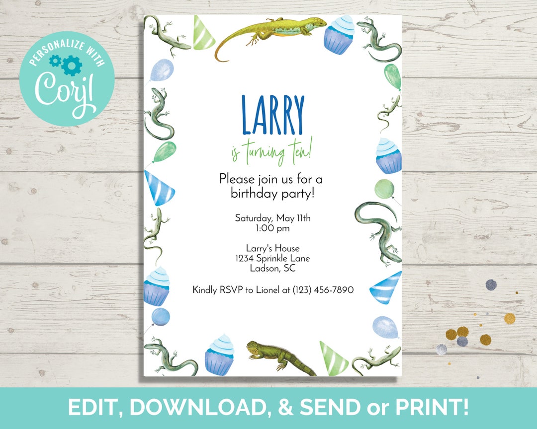 Lizard Birthday Invitation Template, Editable Party Invite (instant ...