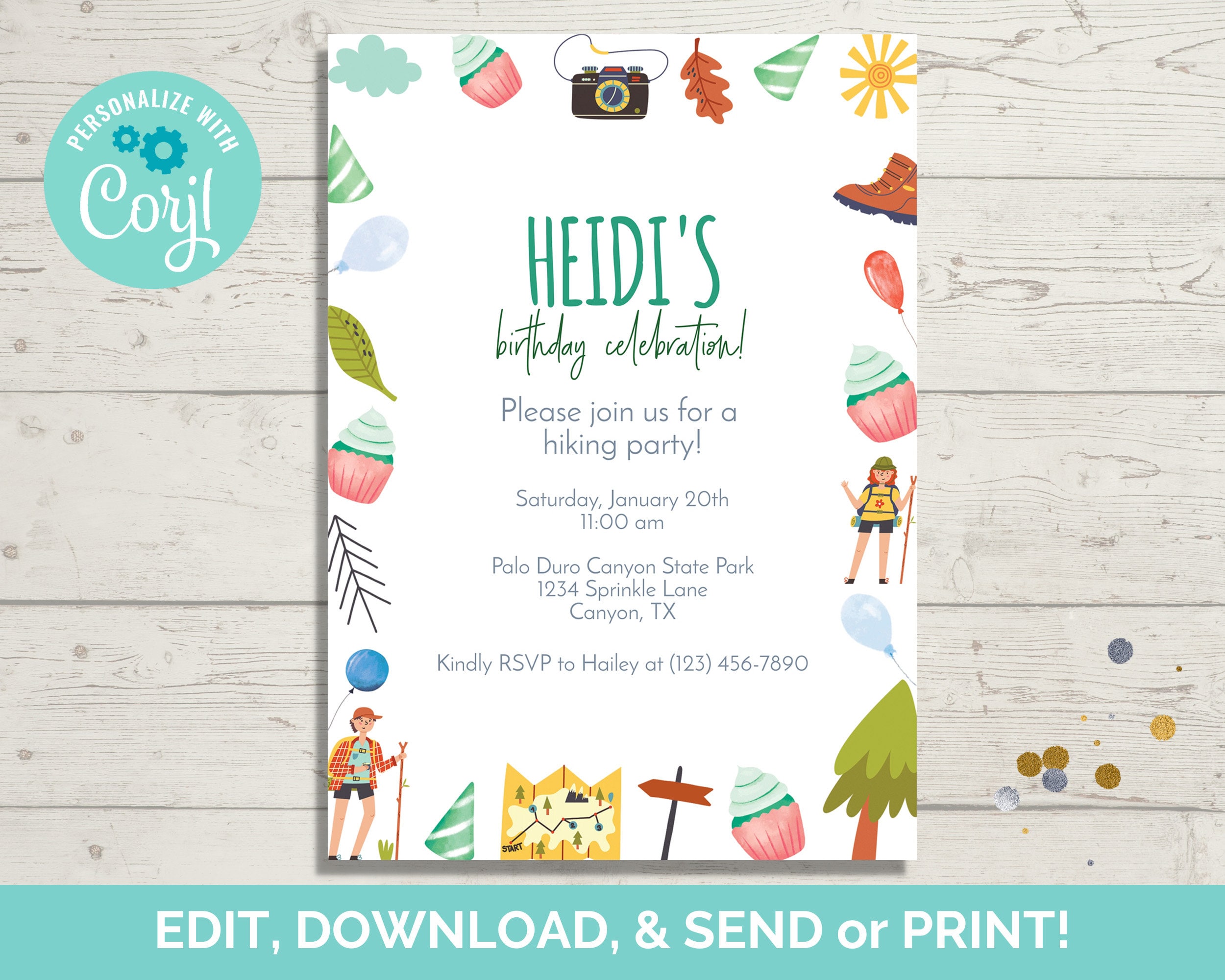 Hiking Birthday Invitation Template, Editable Hiking Birthday Party ...