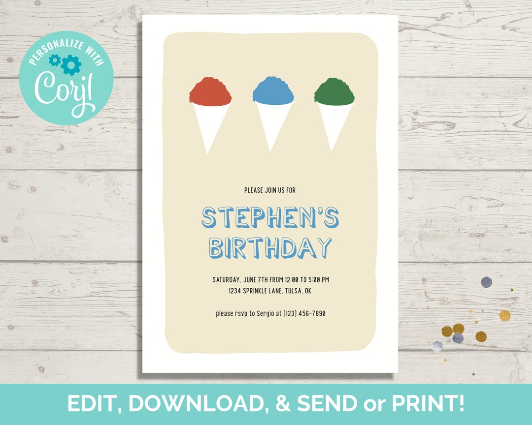 Snow Cone Birthday Invitation Template, Editable Snow Cone Birthday ...