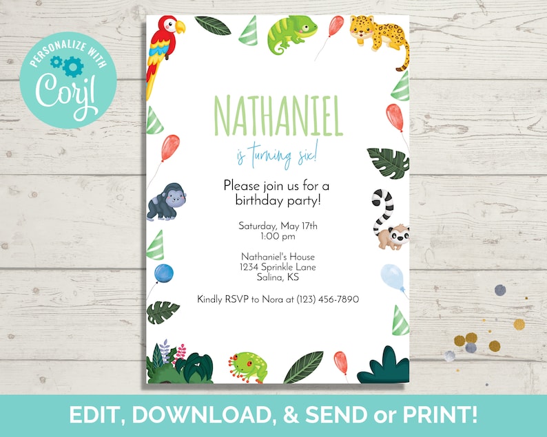 Rainforest Birthday Invitation Template, Editable Rainforest Birthday ...