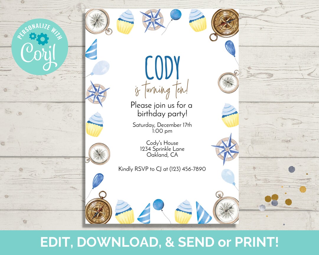 Compass Birthday Invitation Template, Editable Compass Birthday Party ...