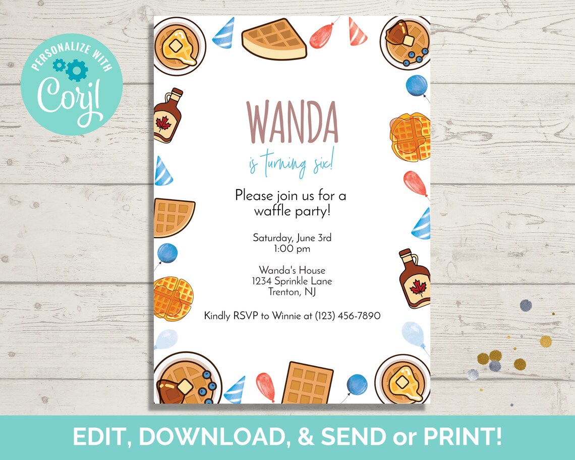 Waffle Birthday Invitation Template, Editable Breakfast Party Invite ...