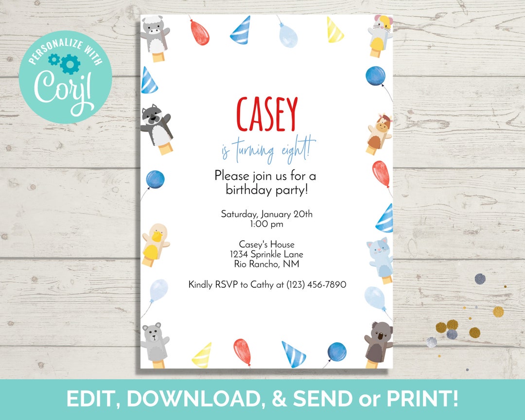 Puppet Theme Birthday Invitation Template, Editable Puppet Birthday ...