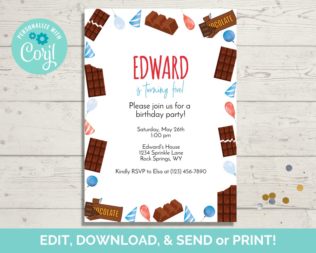 Chocolate Candy Birthday Invitation Template, Editable Chocolate ...