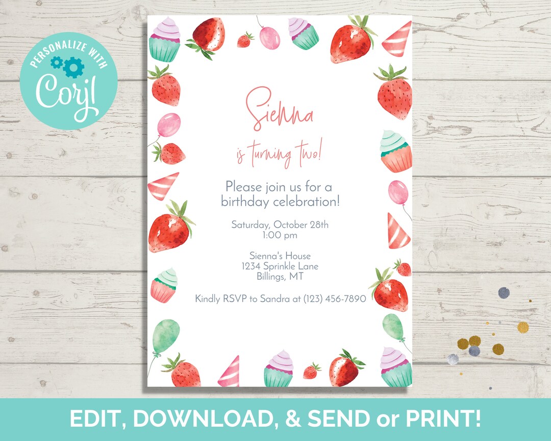 Strawberry Birthday Invitation Template, Strawberry Birthday Invite ...