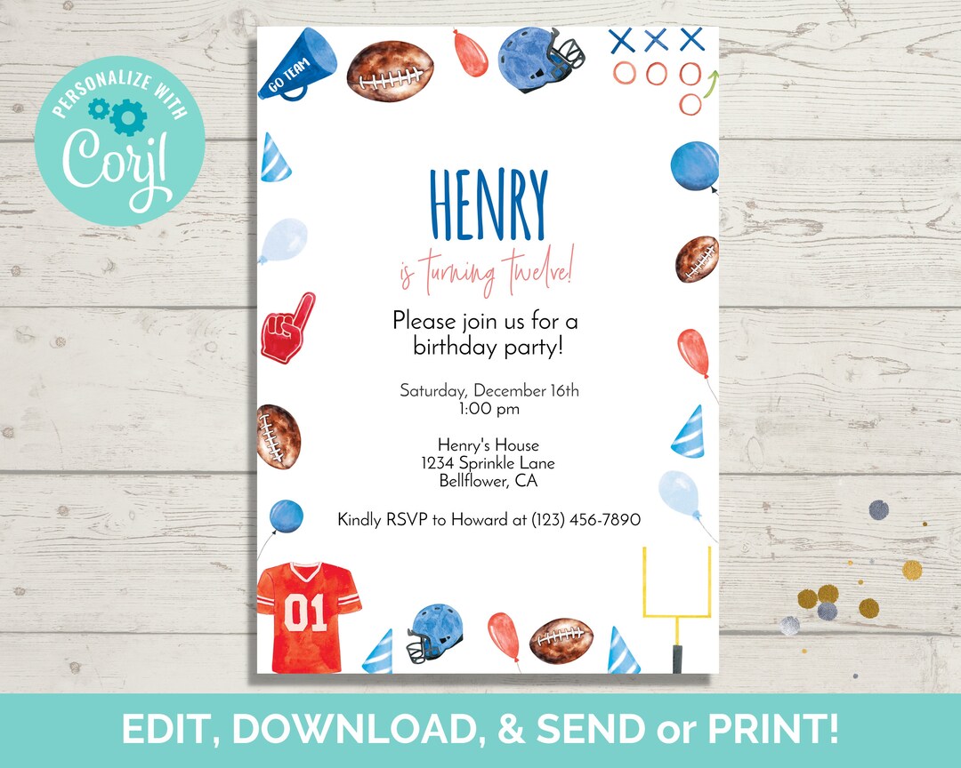 Football Theme Invitation Template, Football Birthday Invite, Football ...