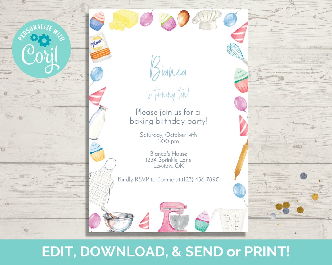 Baking Birthday Party Invitation Template, Birthday Invite, Baking ...