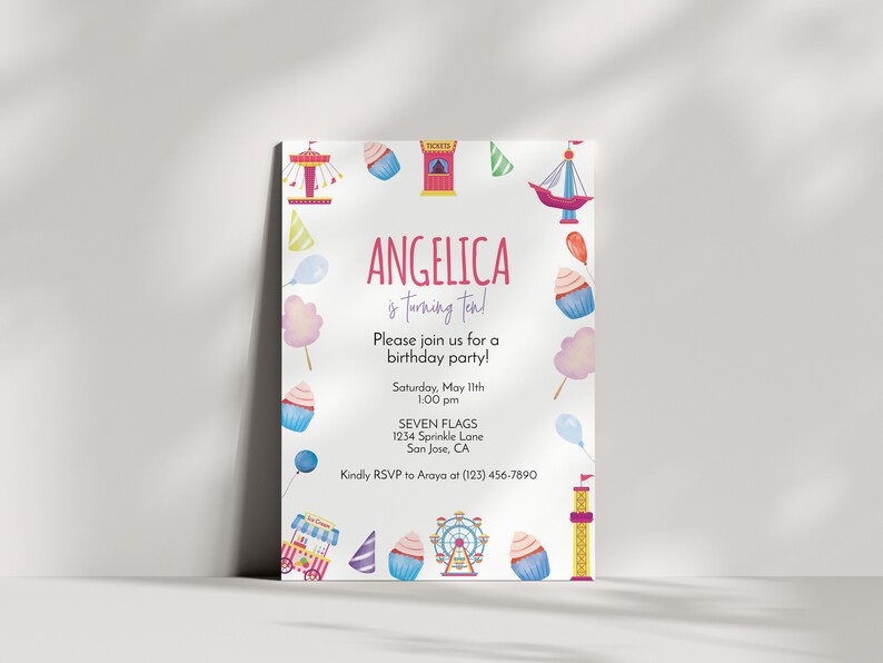 Amusement Park Birthday Invitation Template, Editable Theme Park Party ...