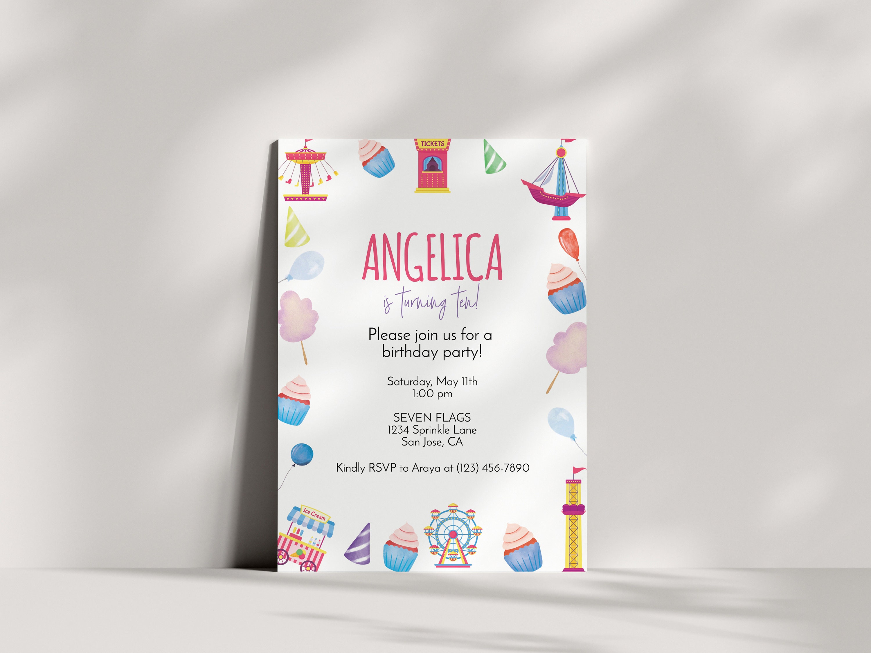 Amusement Park Birthday Invitation Template, Editable Theme Park Party ...