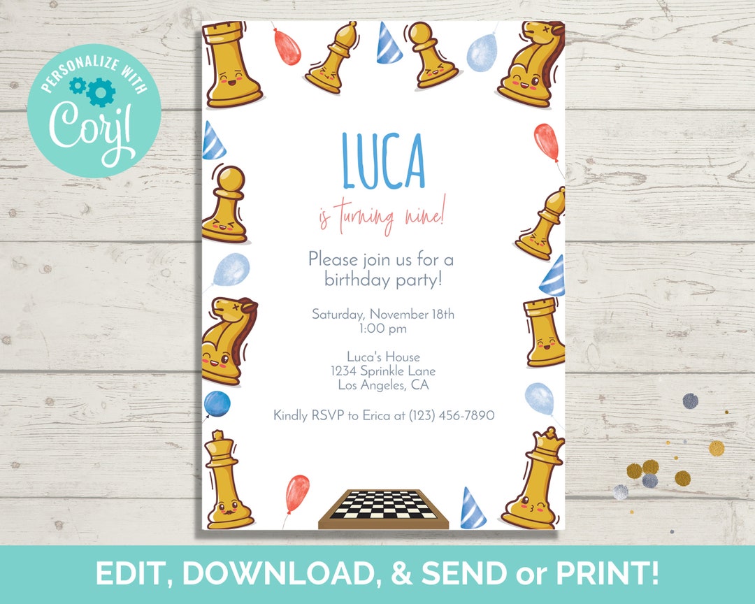 Chess Birthday Invitation Template, Chess Birthday Invite, Chess Party ...