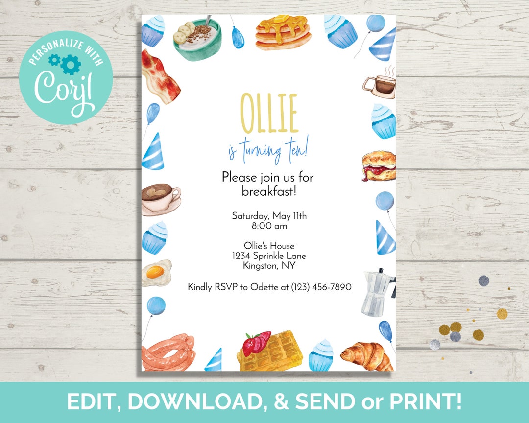 Breakfast Birthday Invitation Template, Editable Breakfast Birthday ...