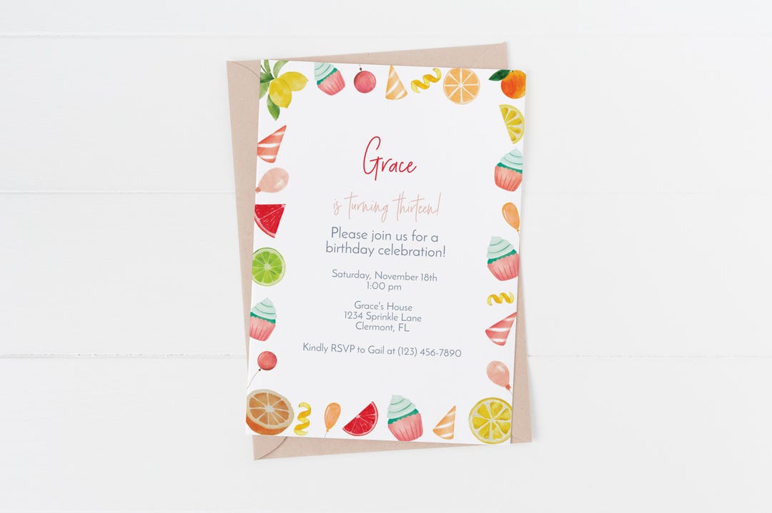 Citrus Birthday Invitation Template, Watercolor Fruit Party Invite ...