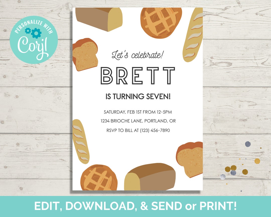Bread Birthday Invitation Template, Editable Party Invite (digital ...