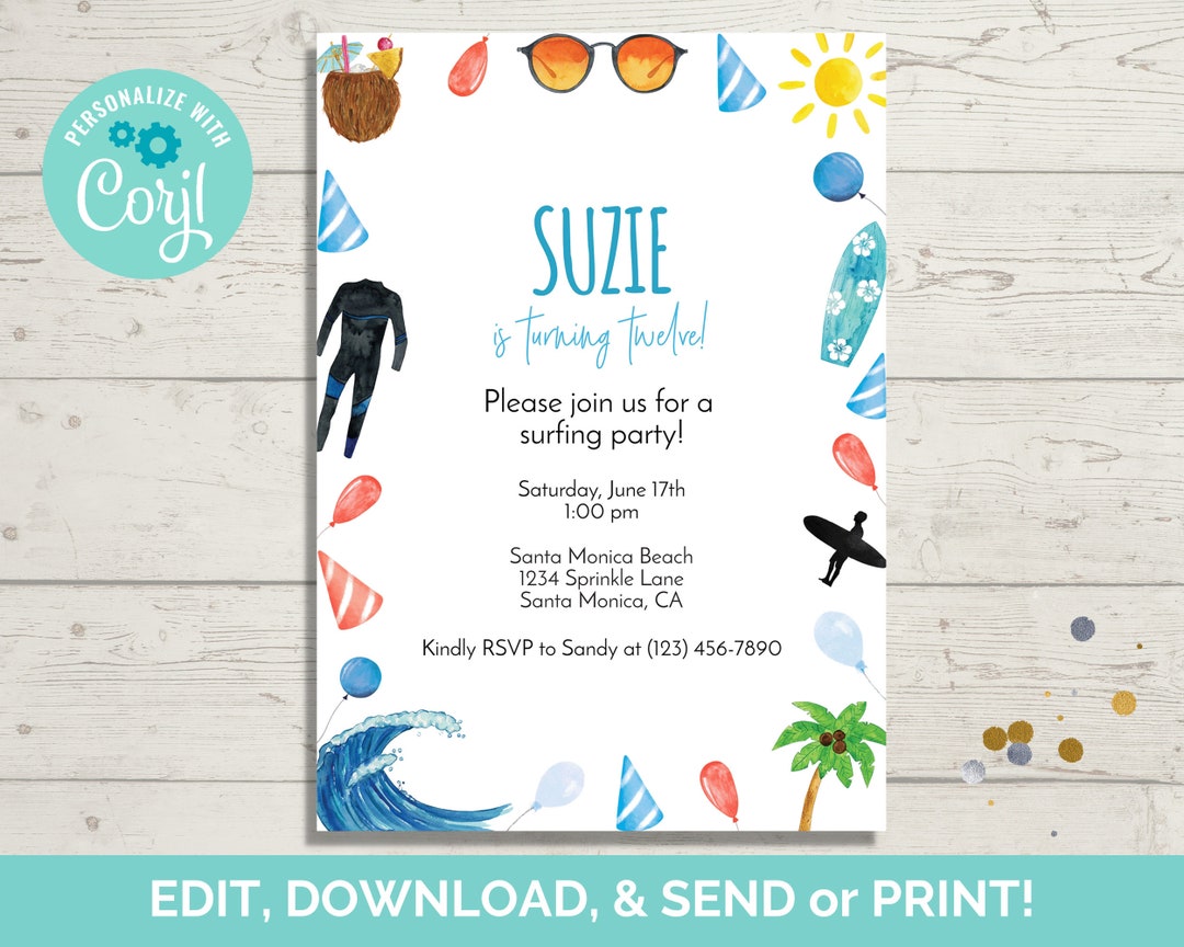Surfing Birthday Invitation Template, Editable Surfing Birthday Party ...