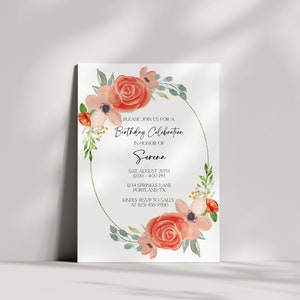 Floral Birthday Invitation, Watercolor Flowers, Editable Template ...