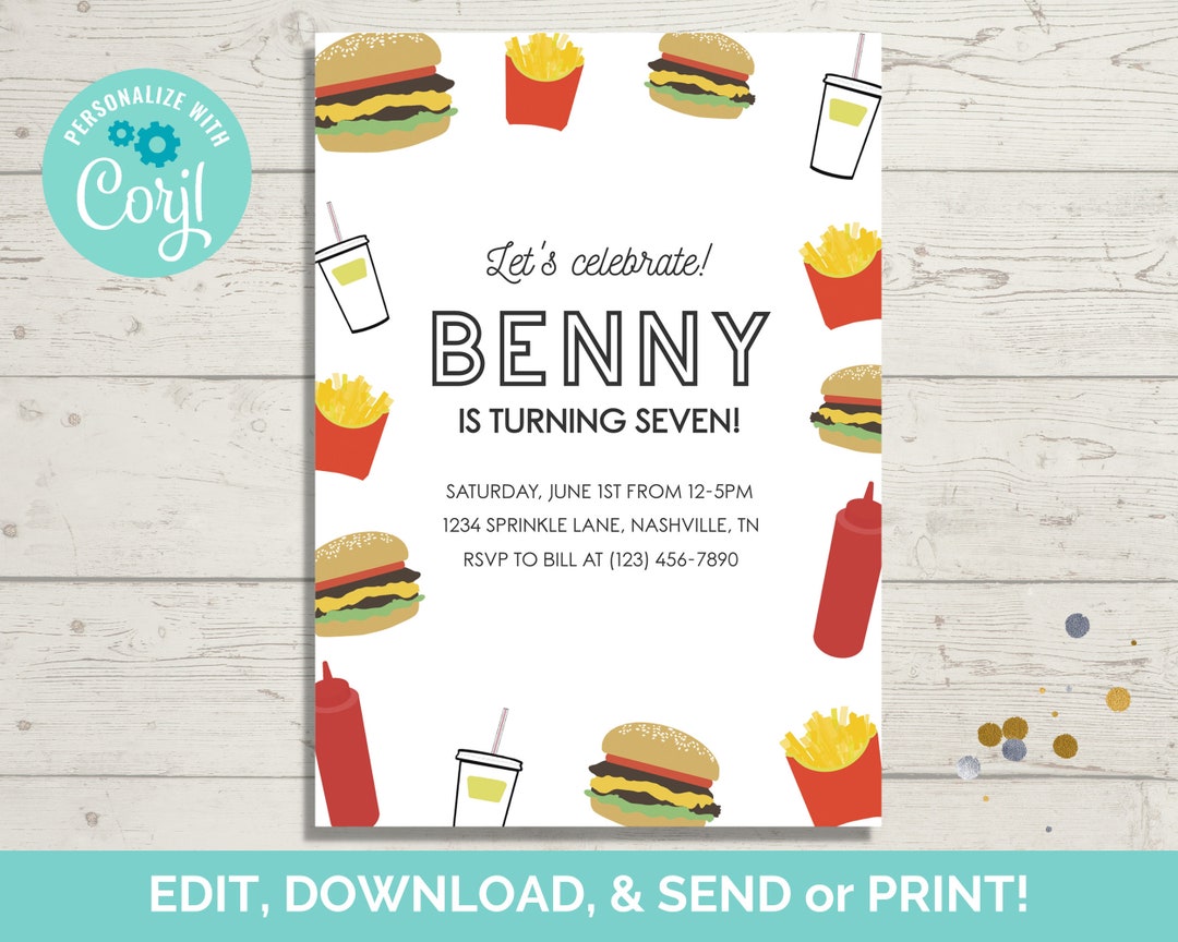 Burger & Fries Birthday Invitation Template, Editable (digital Download ...