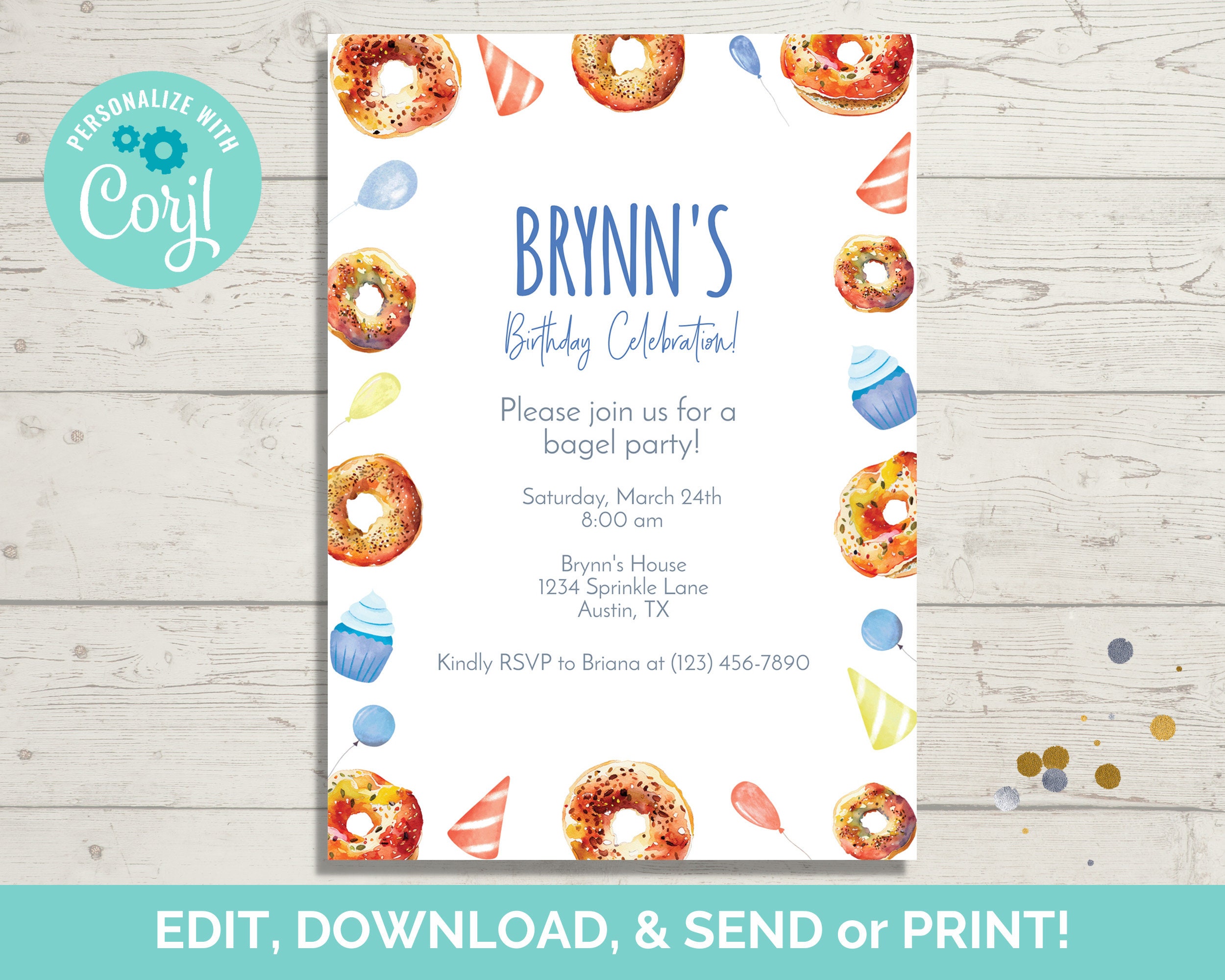 Bagel Birthday Invitation Template, Editable Breakfast Birthday Party ...