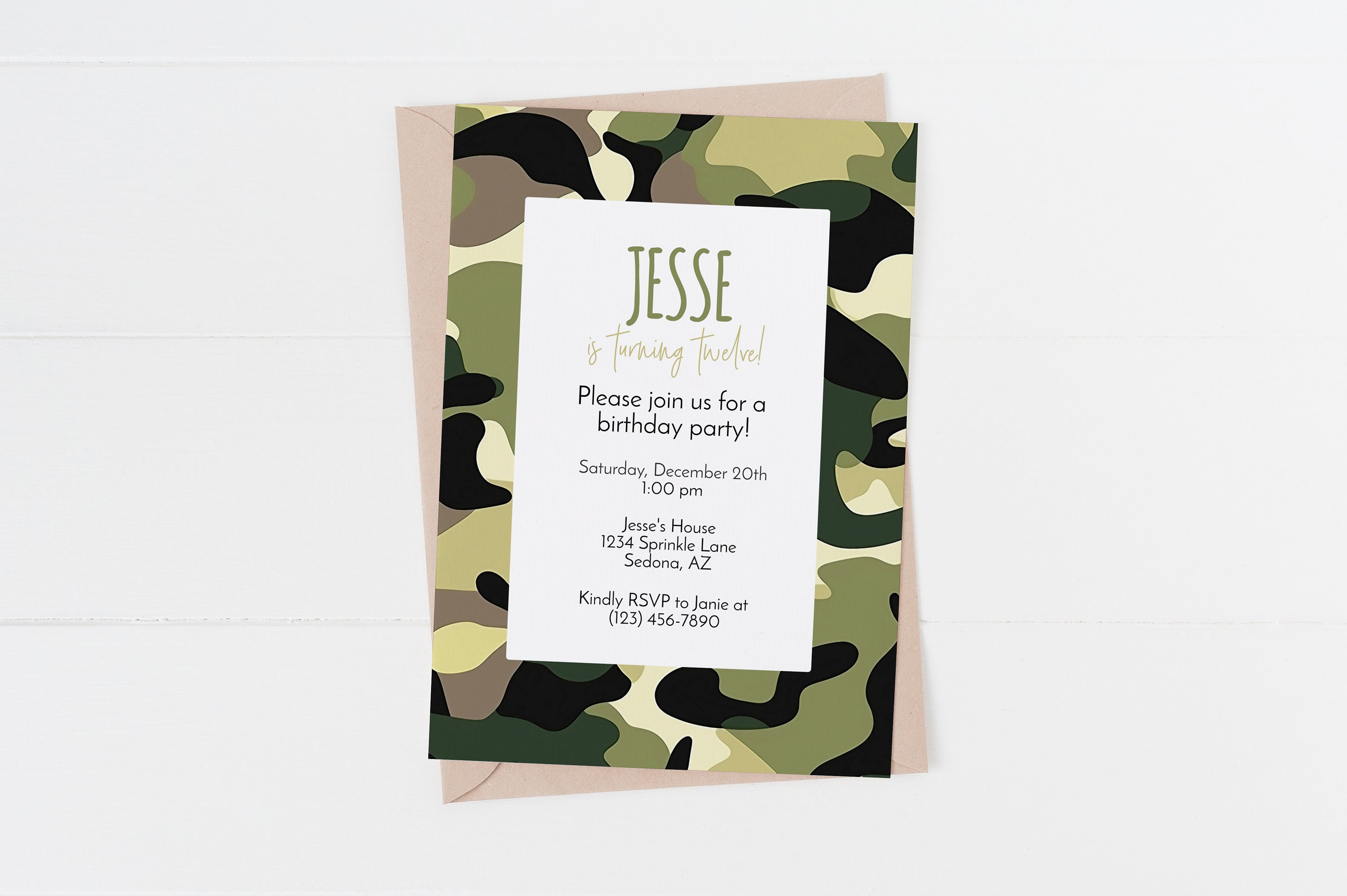 Camouflage Theme Birthday Invitation Template, Editable Birthday Party ...
