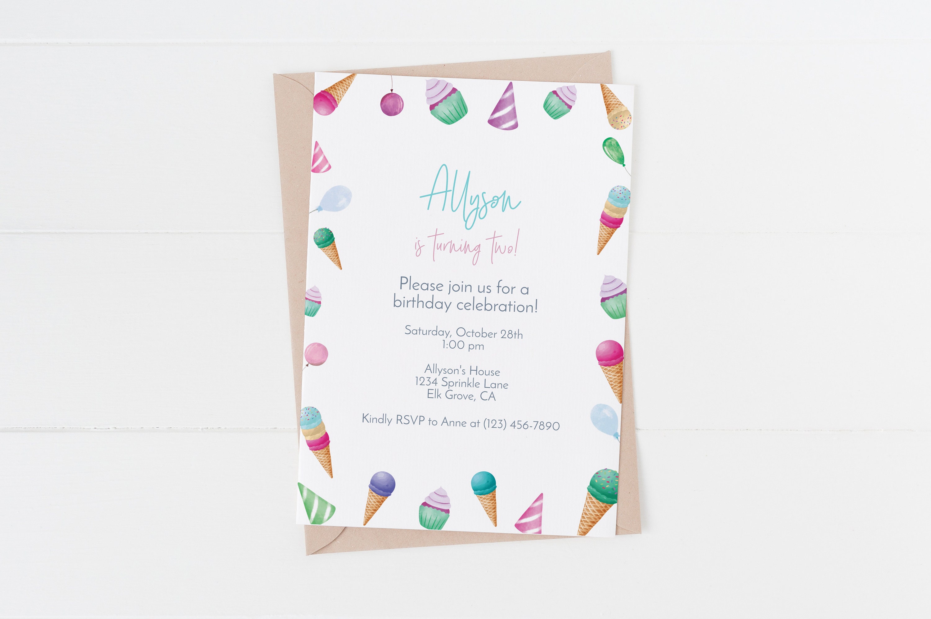 Ice Cream Birthday Invitation Template, Editable Party Invite (instant ...