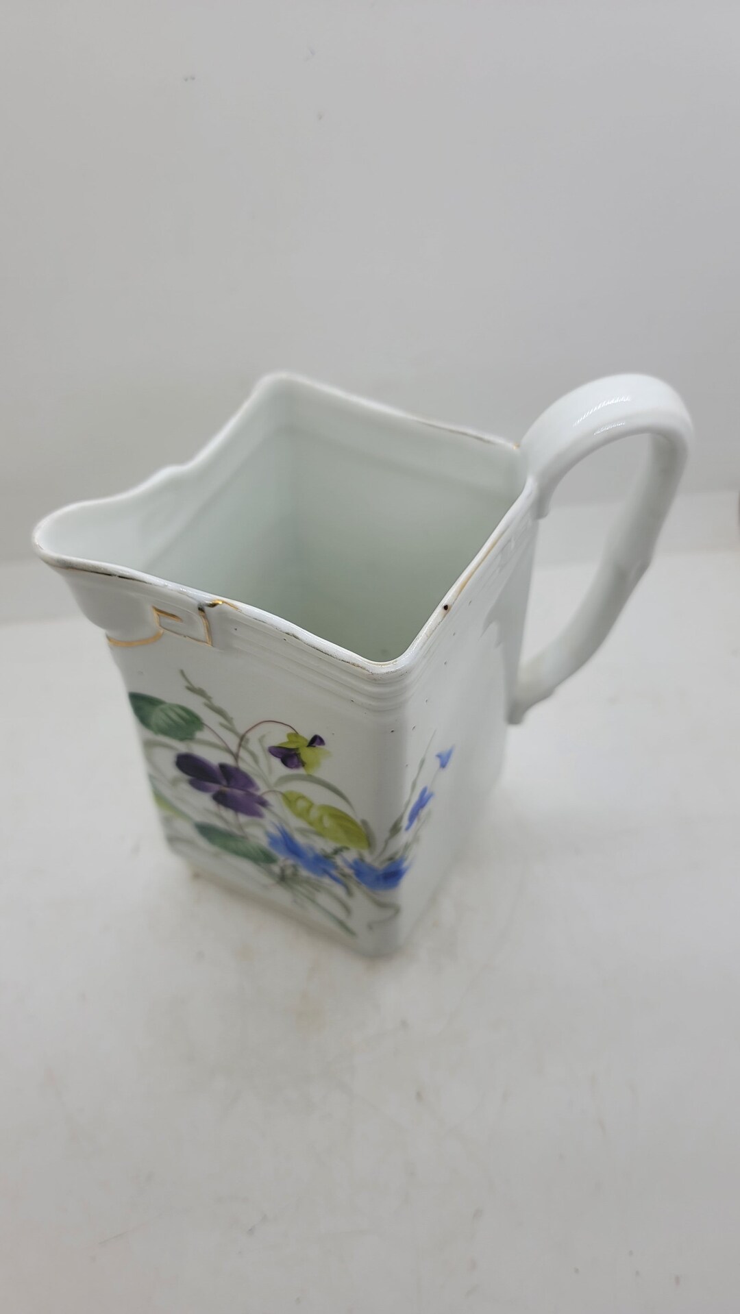 Antique Square White Pitcher With Purple, Blue, Red and Yellow Flowers ...