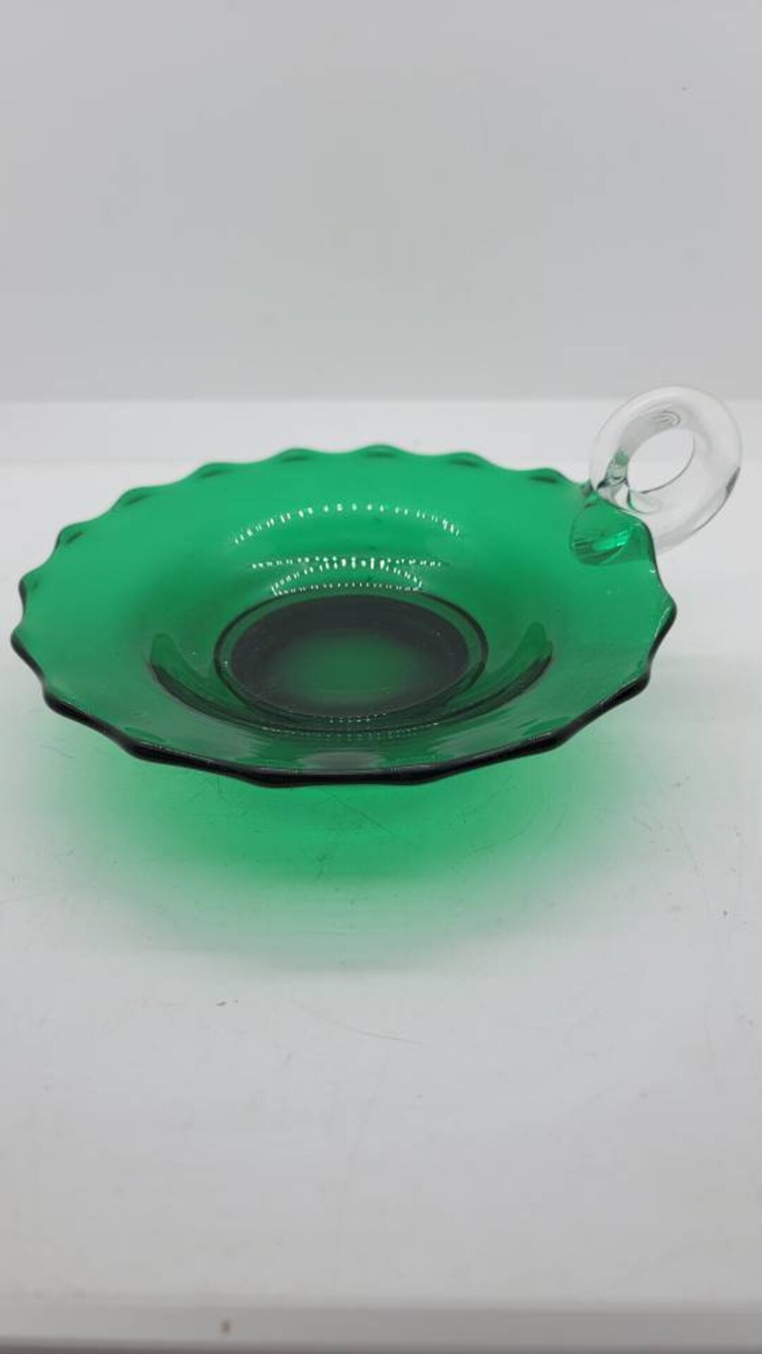 Emerald Green Glass Nappy Folded Edges Candy Dish, Ruffled Edge, Clear ...