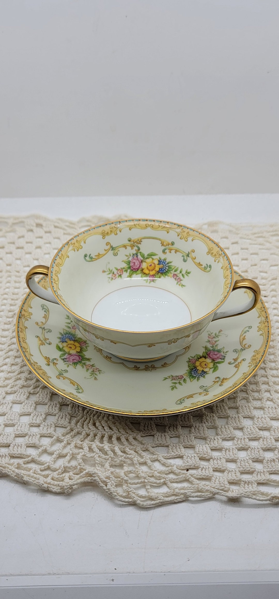 Set of Five Noritake Mimi Footed Cream Soup Bowl and Saucer Sets, Cream ...