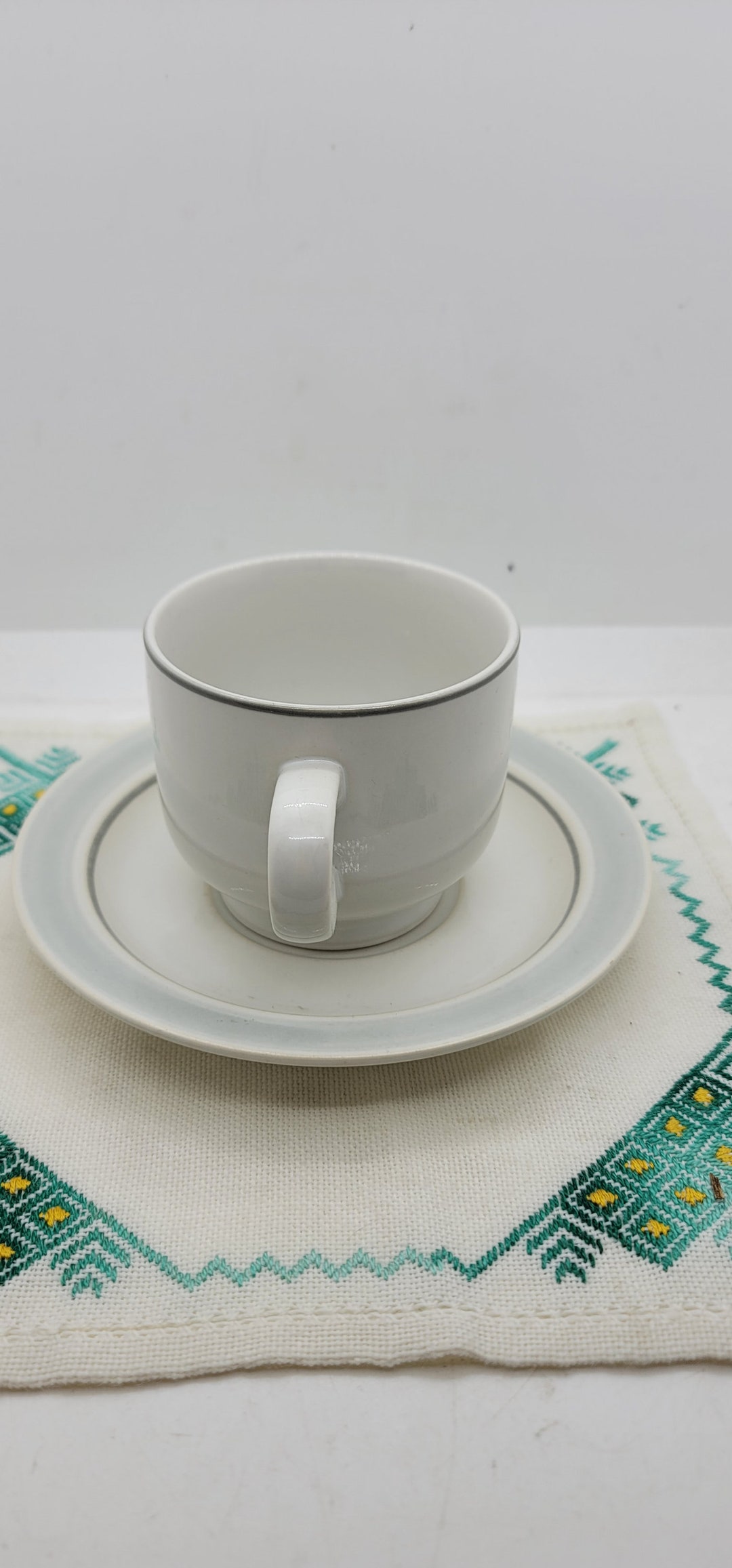 Set of Three Galleria Collection Cups and Saucers, White With Gray Trim ...