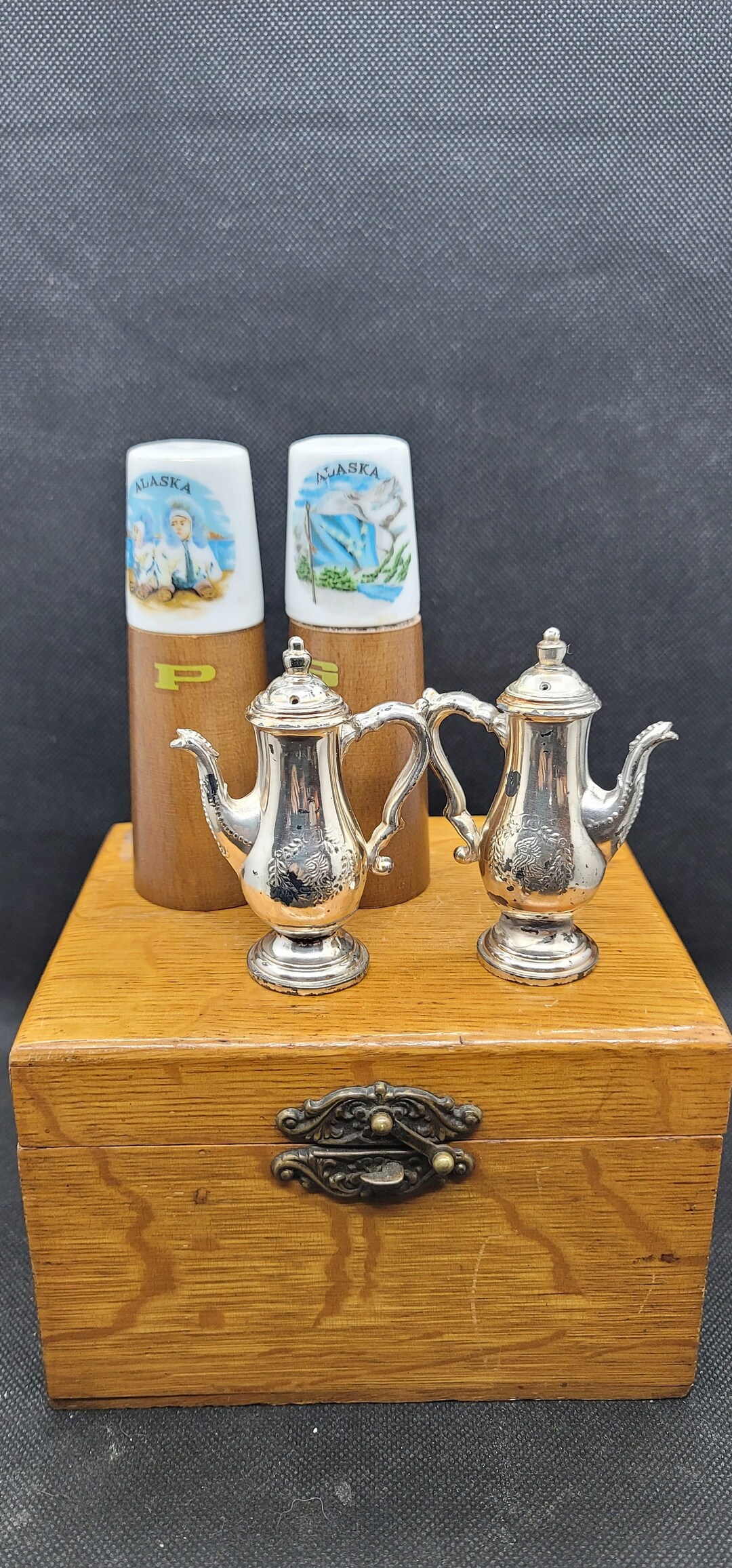 Two Salt and Pepper Shaker Sets, One is Wood & Ceramic With Alaska ...