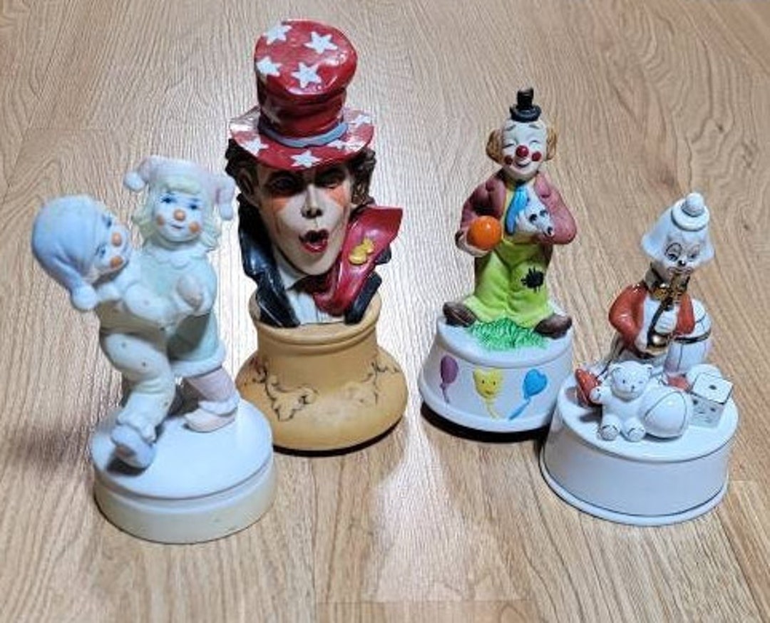Four Clown Music Boxes, Glossy Saxophone Clown, Flambro Dancing Pastel ...