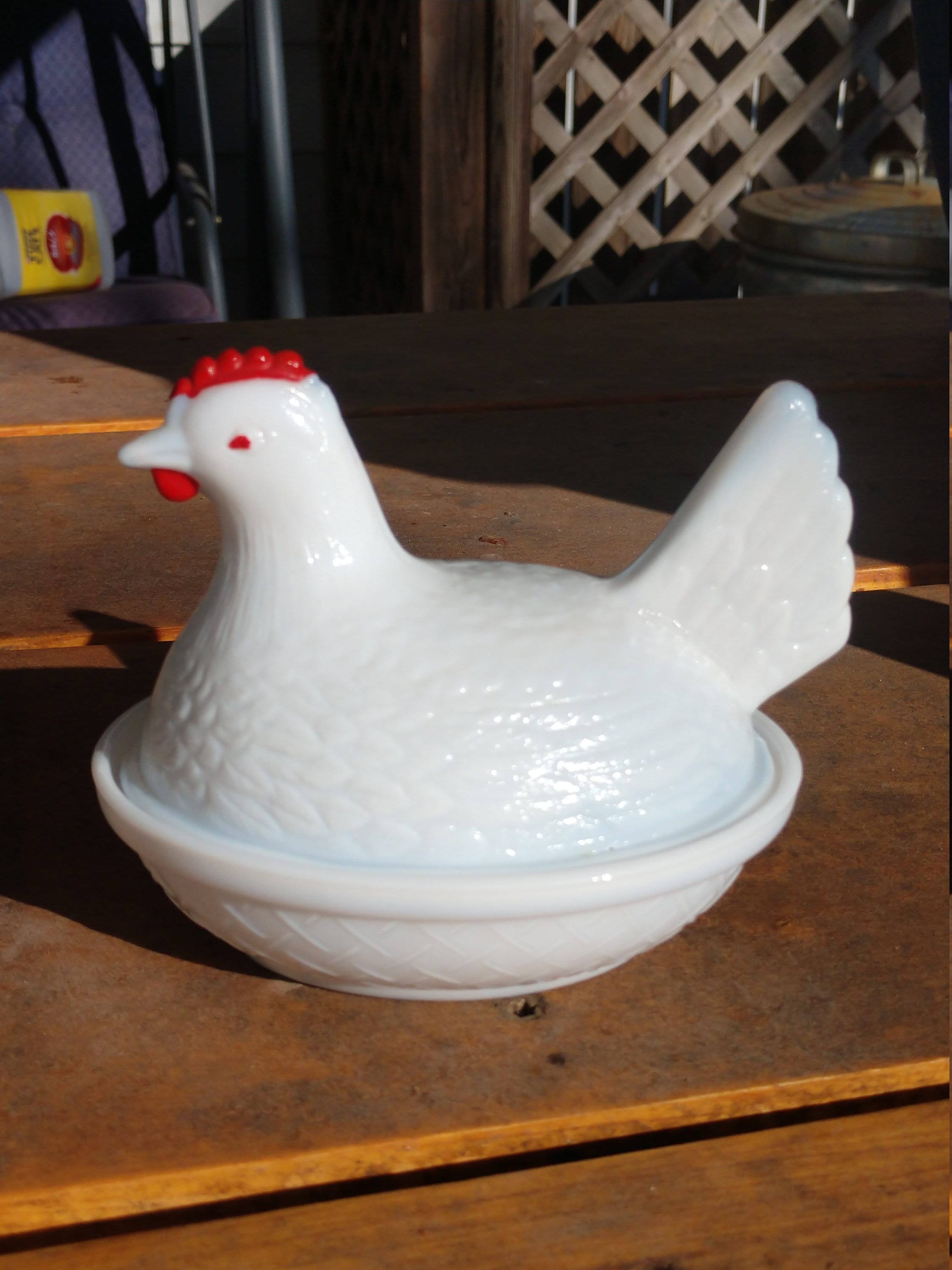 Milk glass Hen on Nest Lidded Candy Dish with painted Red | Etsy